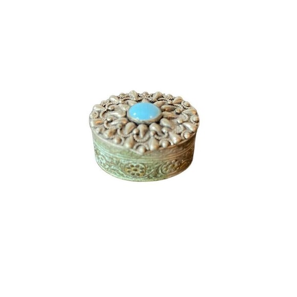 Accents | Vintage Oval Hinged Silver Plated Pill Trinket Box Turquoise ...